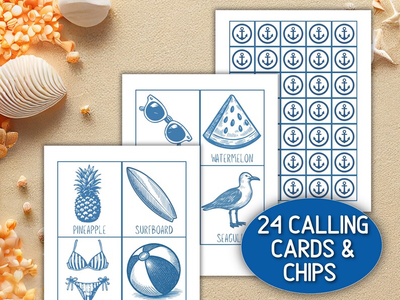 Beach Bingo Game Printable, Coastal Bingo Cards 100 Bingo Summer Party ...