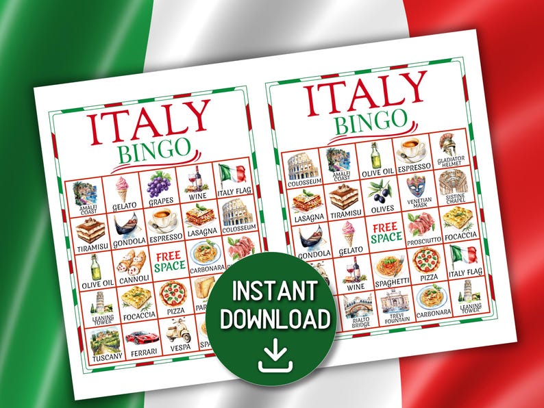 Italy Bingo Game: 100 Printable Italian Cards, Family Fun (digital ...