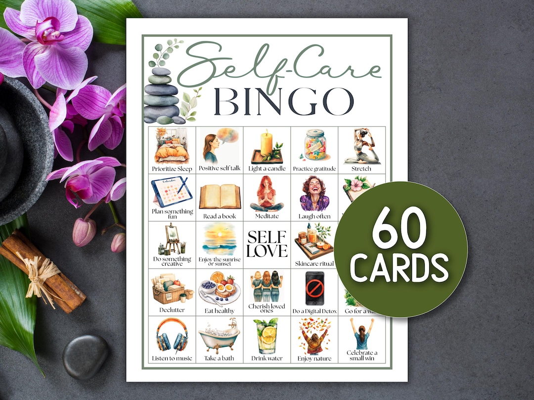 Self-care Bingo Game, Wellness Activity, 60 Bingo Cards Mental Health ...