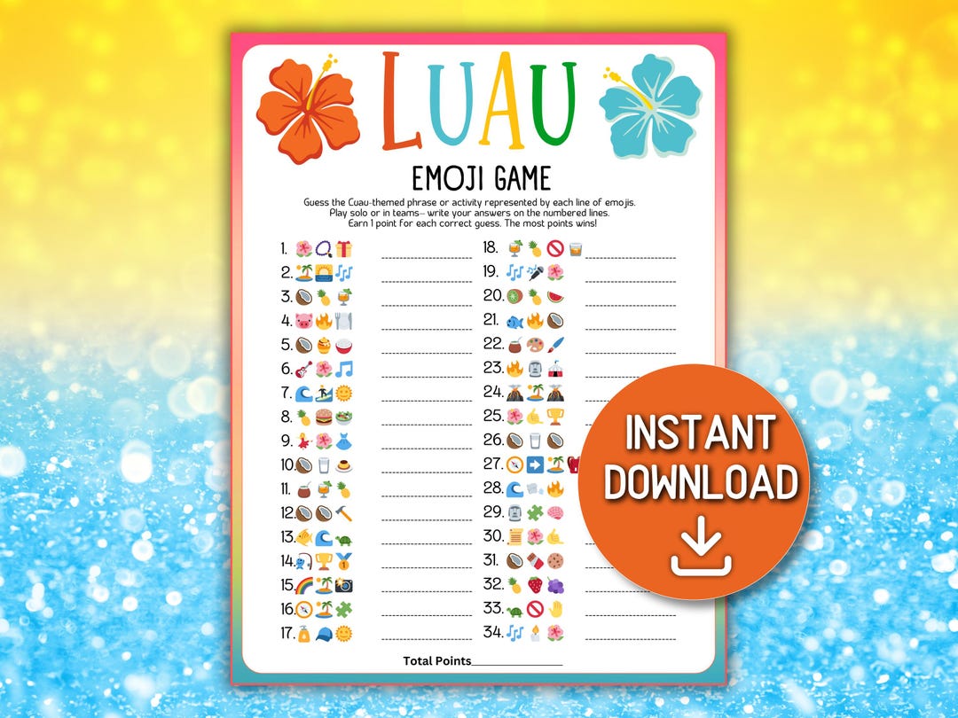 Luau Emoji Game Printable, Luau Party Games Emoji Pictionary Luau ...