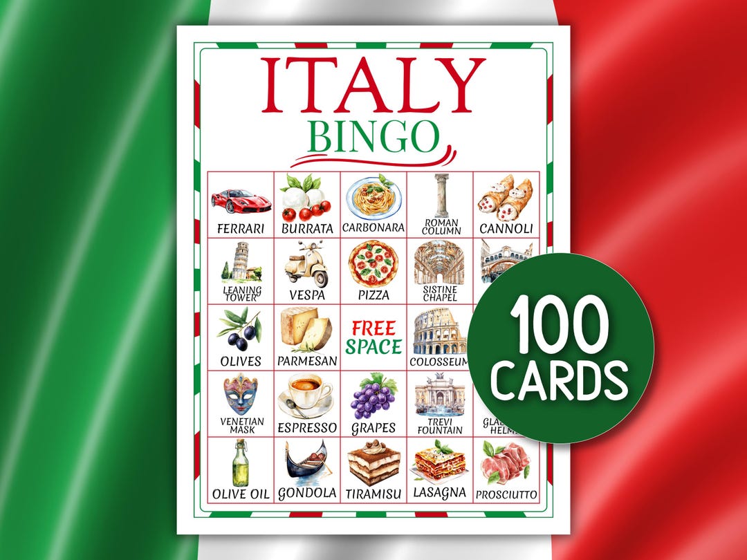 Italy Bingo Game: 100 Printable Italian Cards, Family Fun (digital ...