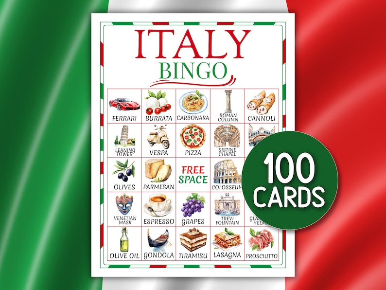 Italy Bingo Game: 100 Printable Italian Cards, Family Fun (digital ...