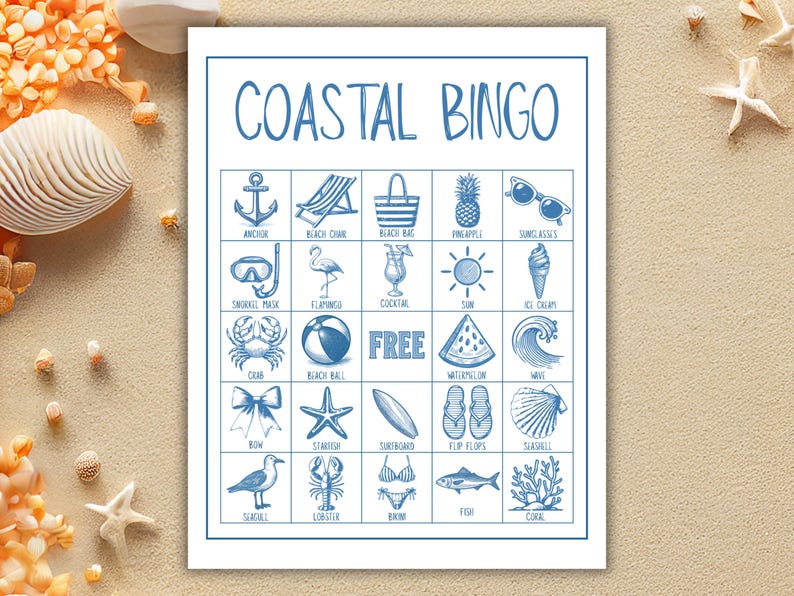 Beach Bingo Game Printable, Coastal Bingo Cards 100 Bingo Summer Party ...