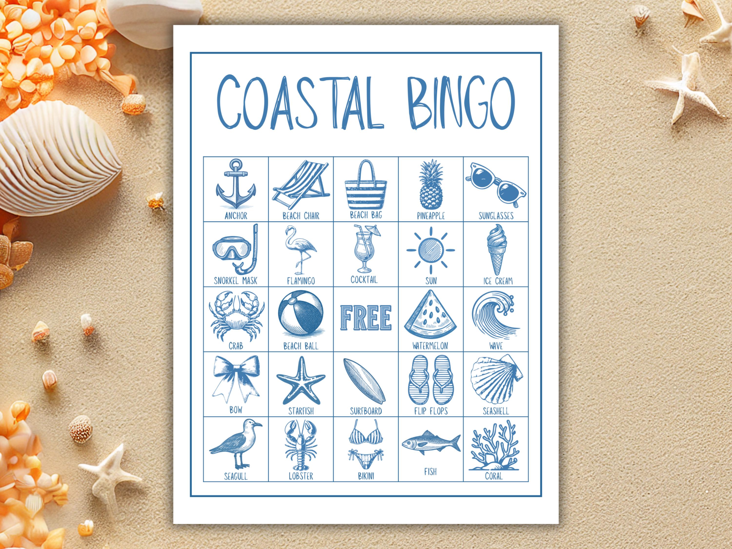 Beach Bingo Game Printable, Coastal Bingo Cards 100 Bingo Summer Party ...