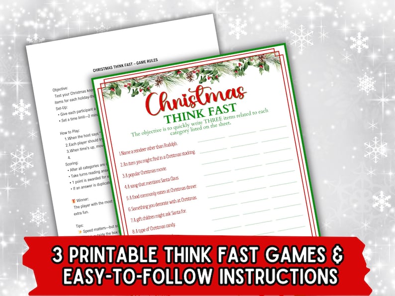 Christmas Think Fast Game Printable, Xmas Party Games Quick Think for ...
