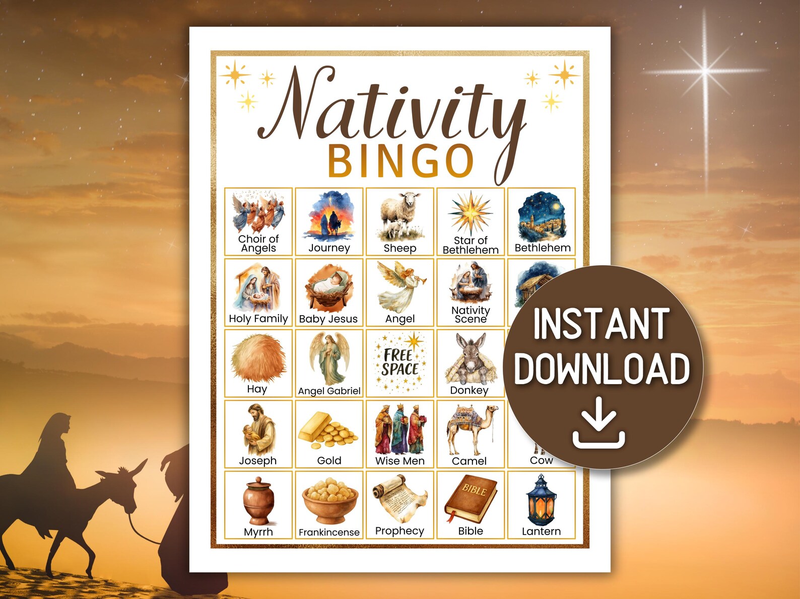 Nativity Bingo Game Printable, 50 Bingo Christmas Cards Christmas Bingo ...
