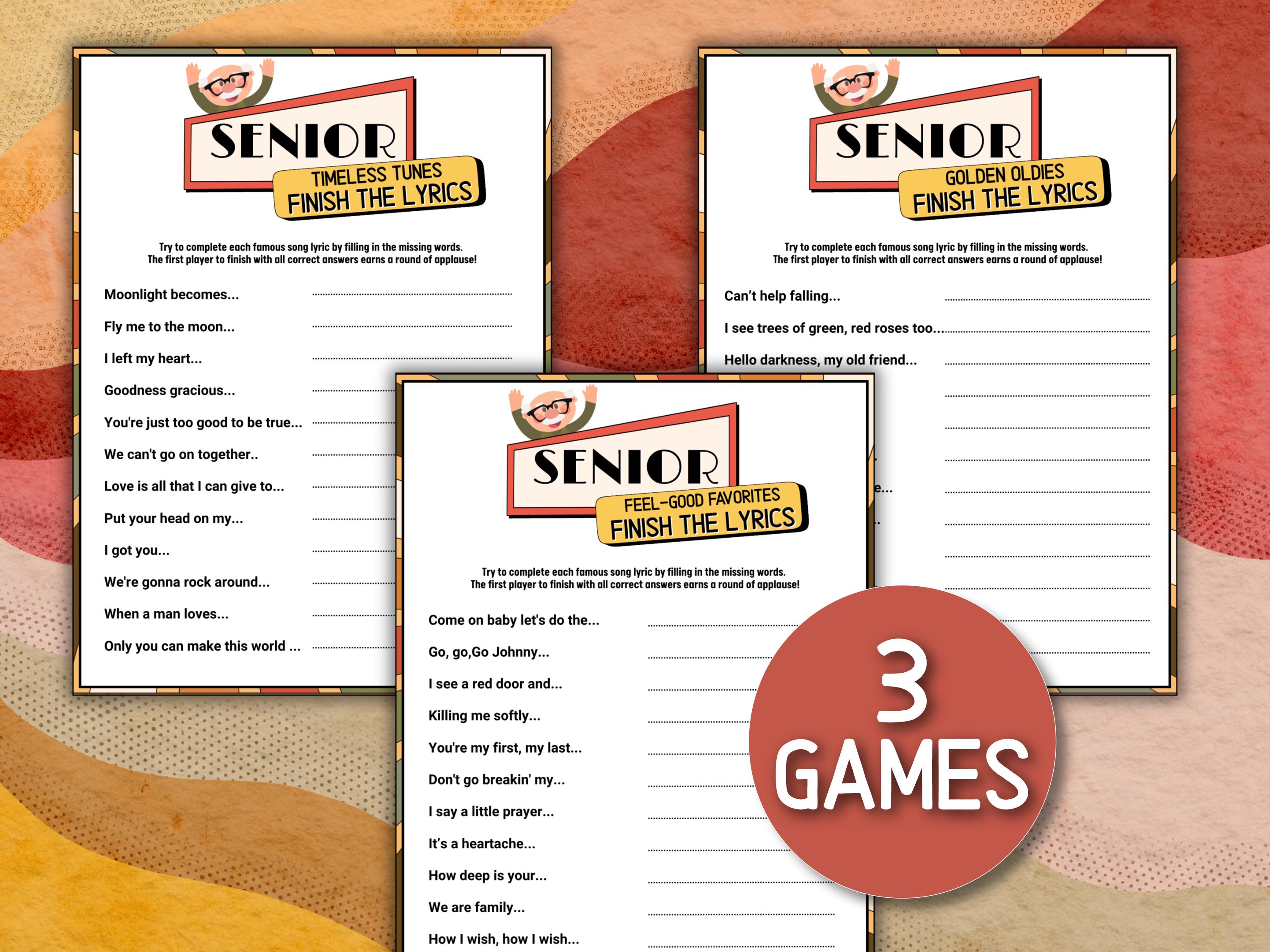 Finish the Lyrics Game for Seniors Printable, Senior Memory Game 60s ...