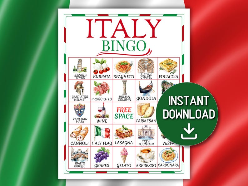 Italy Bingo Game: 100 Printable Italian Cards, Family Fun (digital ...