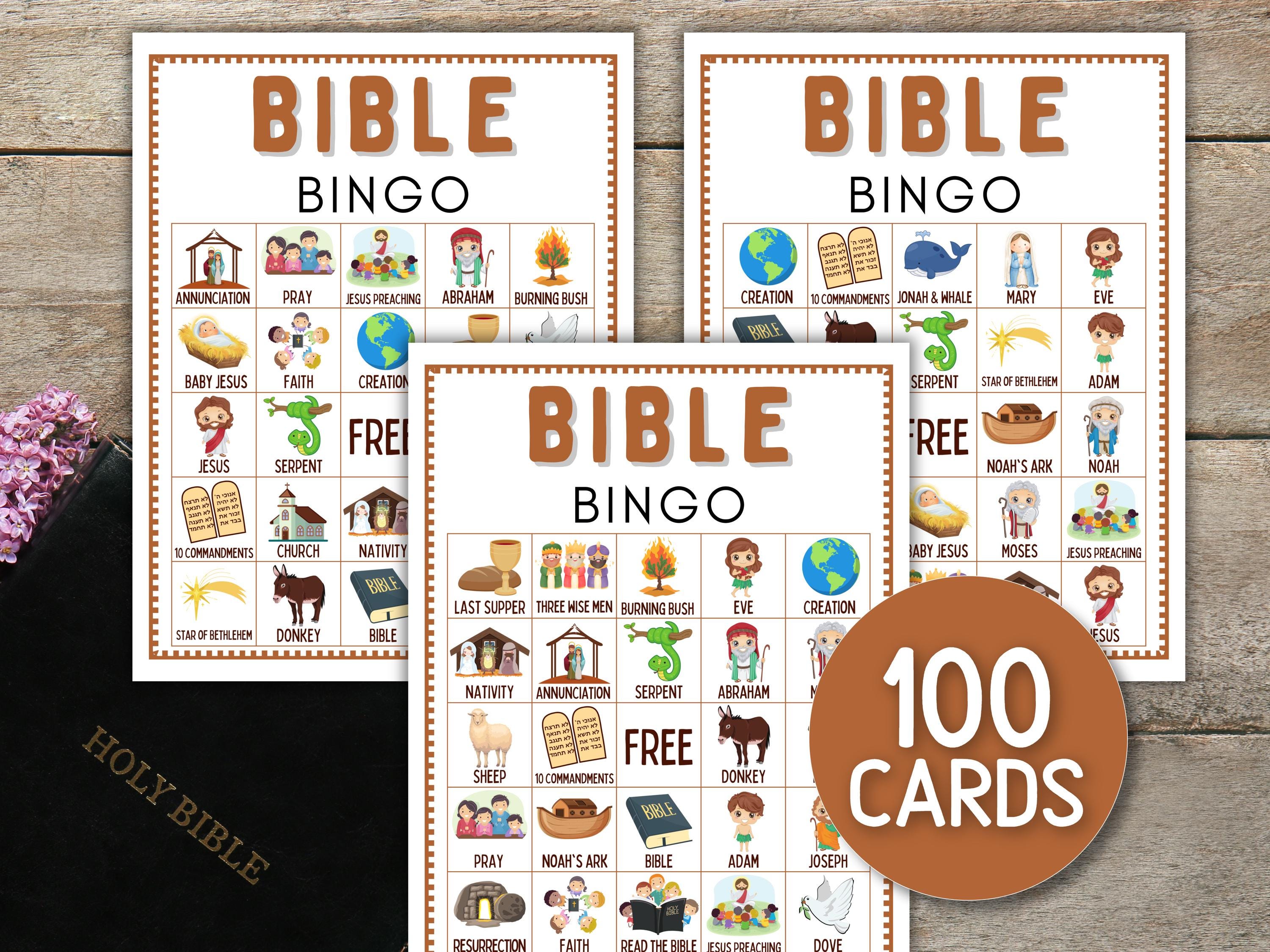 100 Bible Bingo Cards Printable, Bible Activity for Kids Sunday School ...