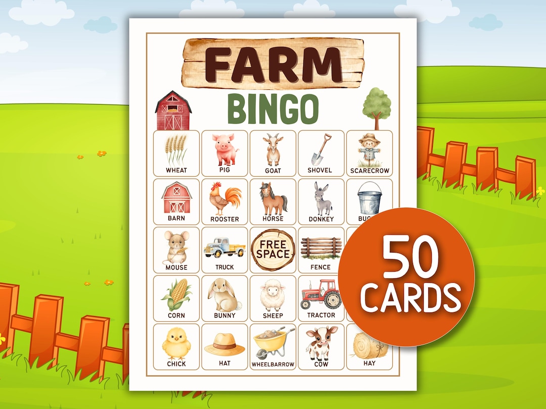 Farm Bingo Printable Game, Animal Cards for Kids Party Village Spring ...