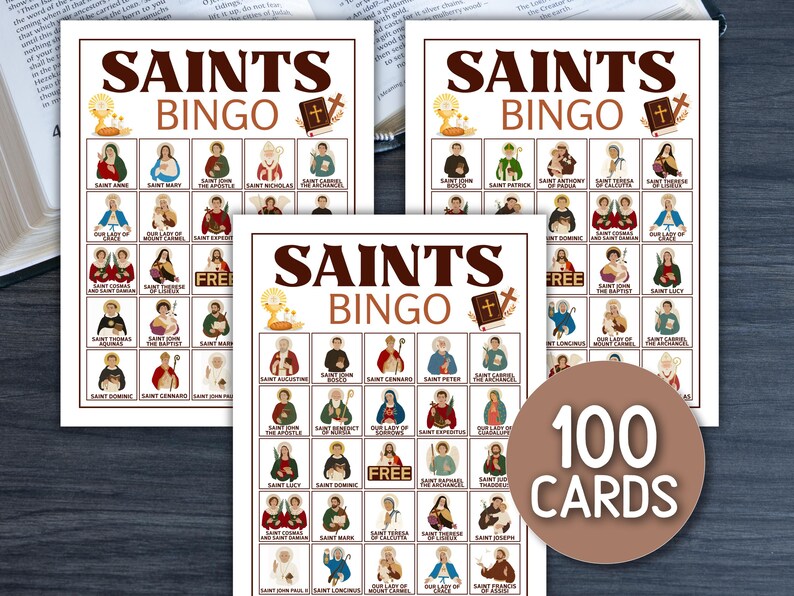 Catholic Saint Bingo 100 Unique Printable, All Saints Day Bingo Cards ...