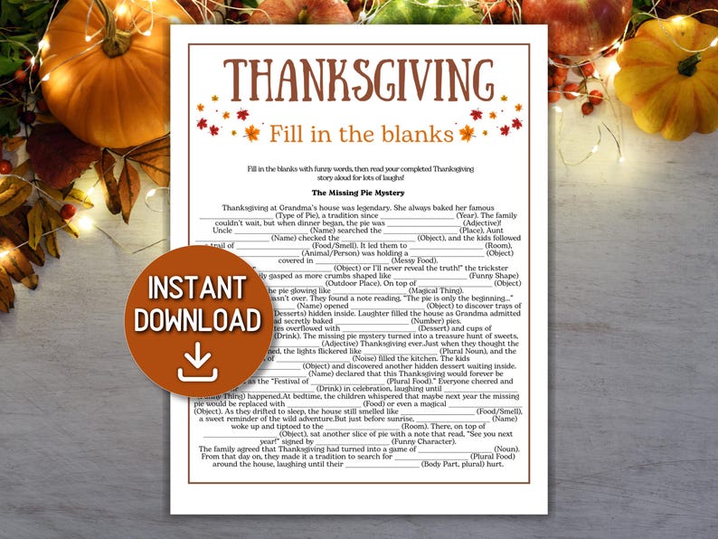 Thanksgiving Fill in the Blanks Printable Games, Mad Libs Story Quick ...