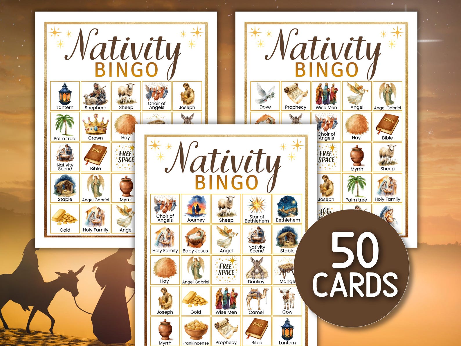Nativity Bingo Game Printable, 50 Bingo Christmas Cards Christmas Bingo ...
