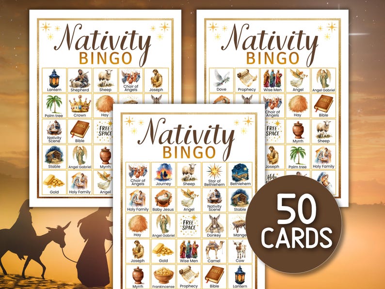 Nativity Bingo Game Printable, 50 Bingo Christmas Cards Christmas Bingo ...