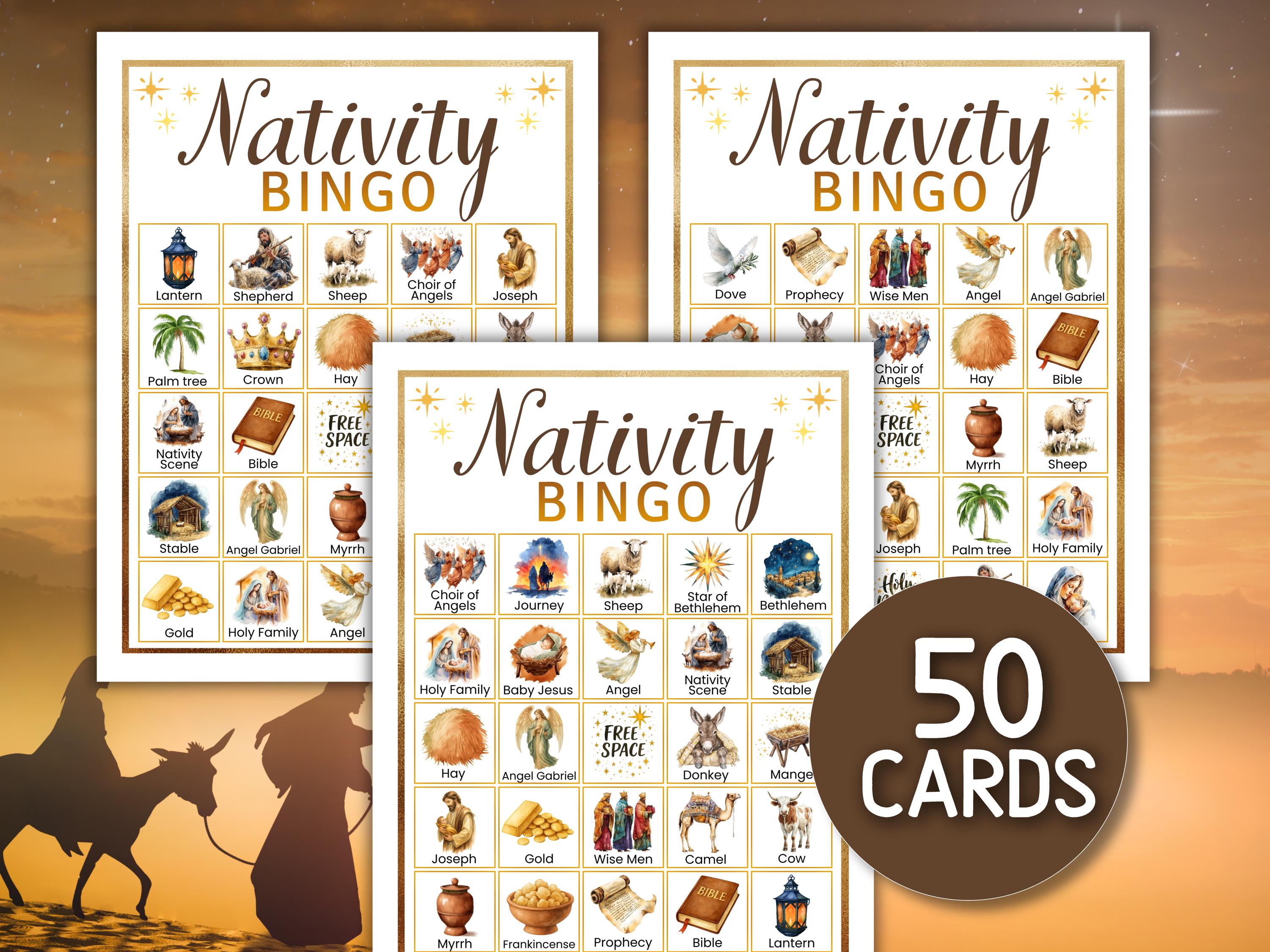 Nativity Bingo Game Printable, 50 Bingo Christmas Cards Christmas Bingo ...