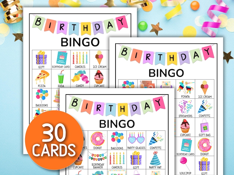 30 Birthday Bingo Printable, Party Games With Pictures Kids Boy Girl ...