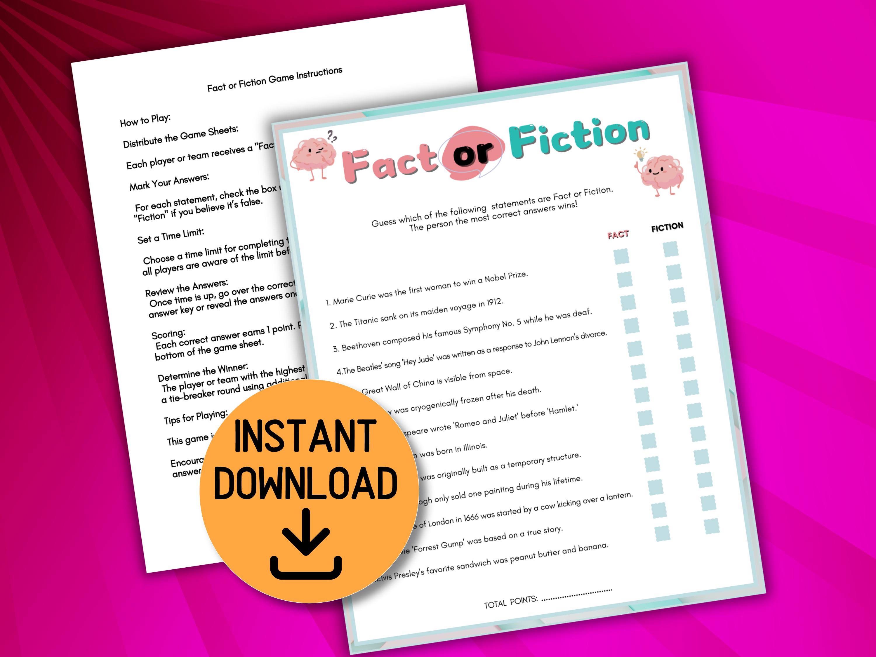 Fact or Fiction True or False Game Question Game for Senior Adults Teen ...