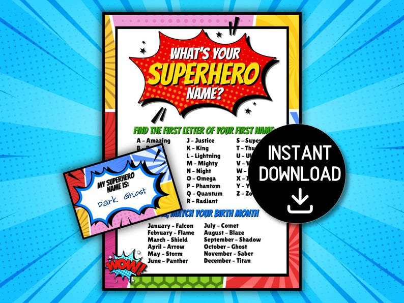 Whats Your Superhero Name | Party Games for Kids | Superhero Name Tags ...