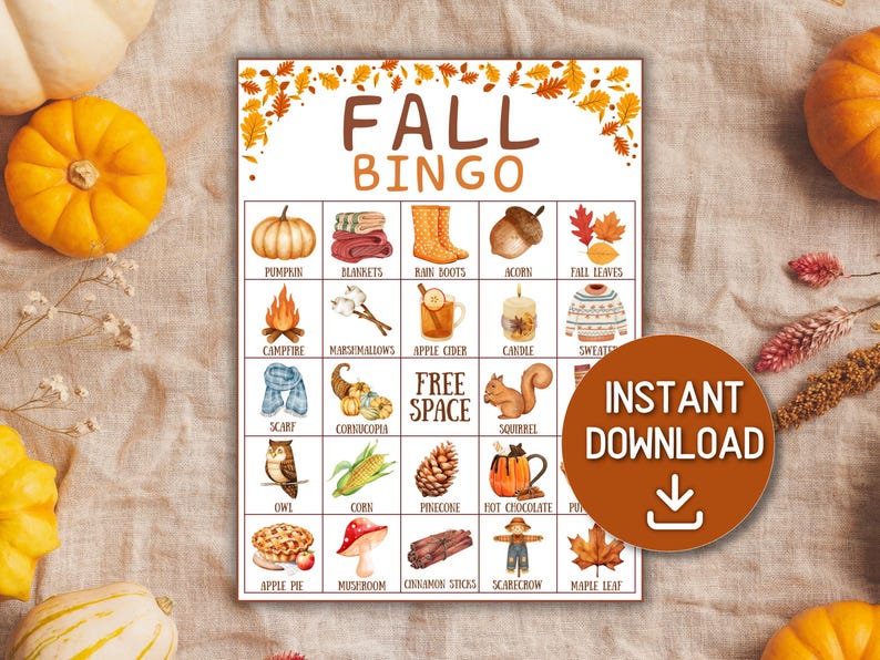 Fall Bingo Cards Printable, Bingo Cards Autumn Bingo Kids & Adults Fall ...