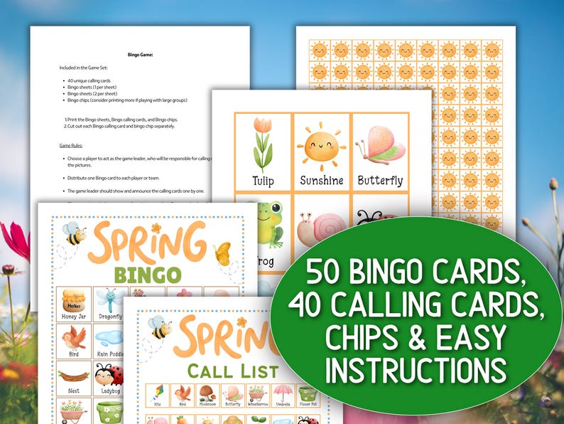 Spring Bingo Cards Game Printable, April Kids Springtime Theme Party ...