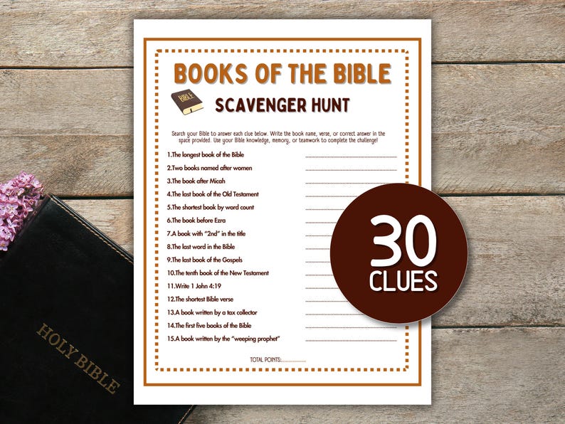 Books of the Bible Scavenger Hunt, Trivia Sunday School Biblical Study ...