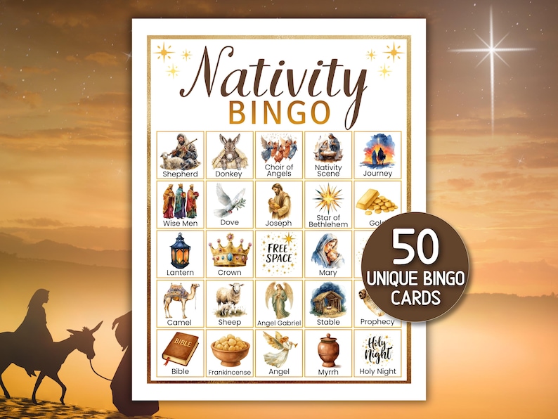 Nativity Bingo Game Printable, 50 Bingo Christmas Cards Christmas Bingo ...