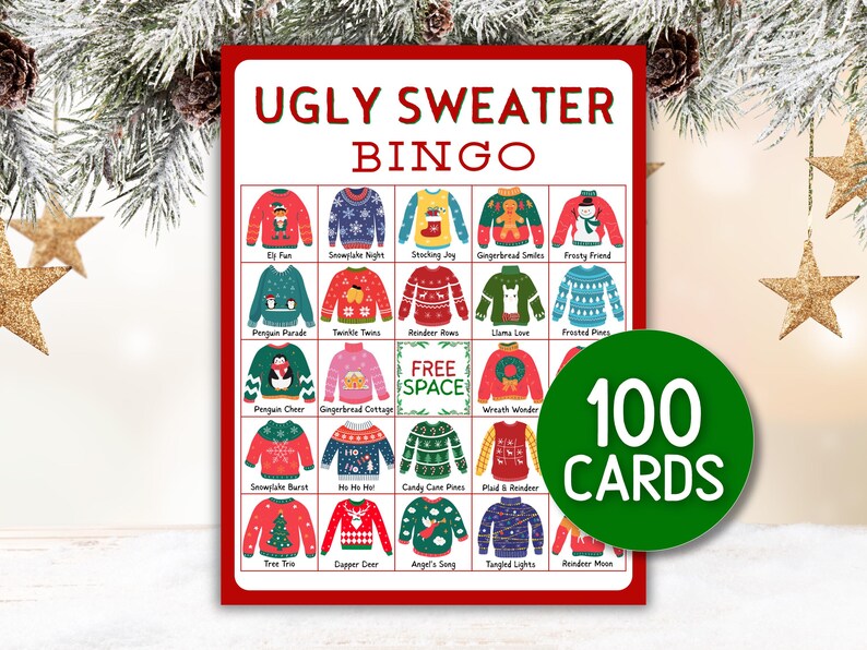 Ugly Sweater Bingo Cards, 100 Bingo Ugly Sweater Party Games Printable ...