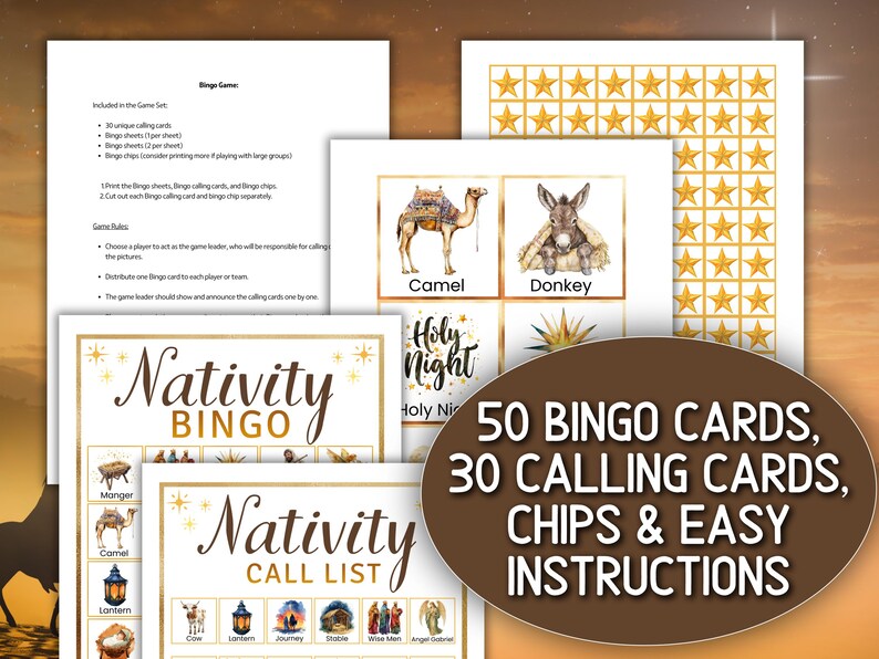 Nativity Bingo Game Printable, 50 Bingo Christmas Cards Christmas Bingo ...