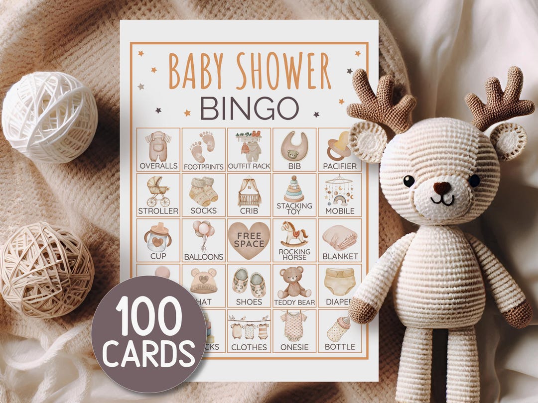Baby Shower Bingo With Cards Neutral, Baby Bingo for 100 People Brown ...