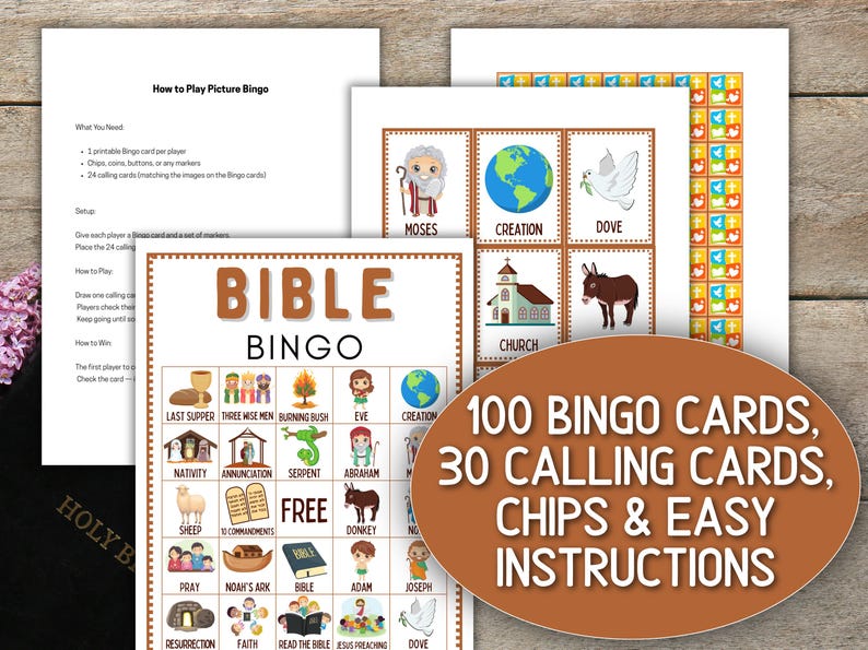 100 Bible Bingo Cards Printable, Bible Activity for Kids Sunday School ...