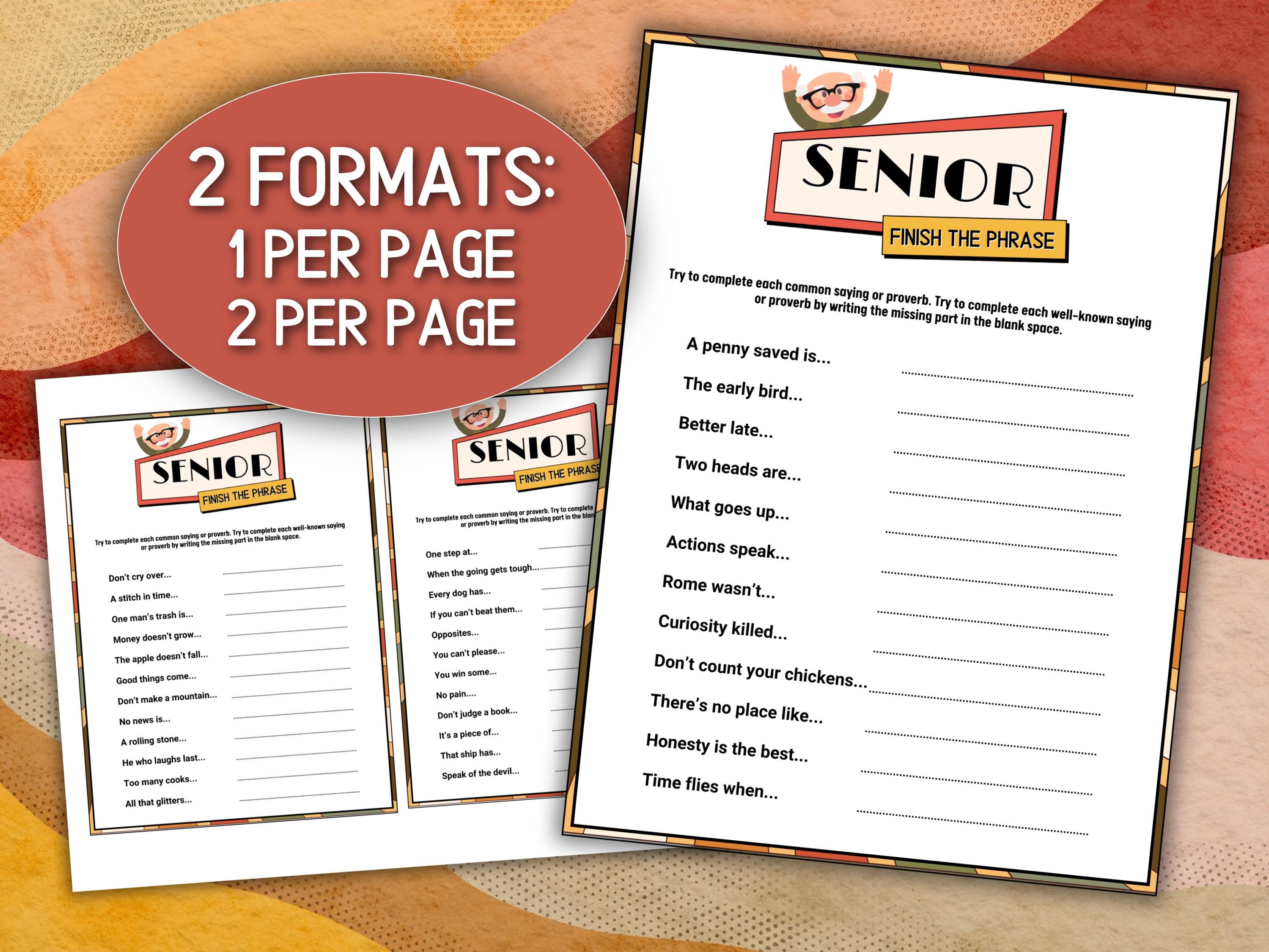 Senior Finish the Phrase Game: Printable Brain Teaser (PDF Download ...