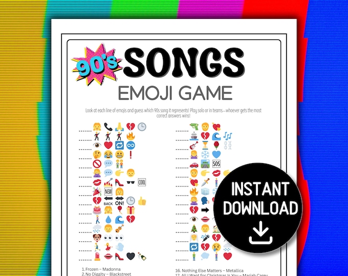 Emoji Song Game 90s Songs Emoji Printable Party Game 90s Music Trivia ...