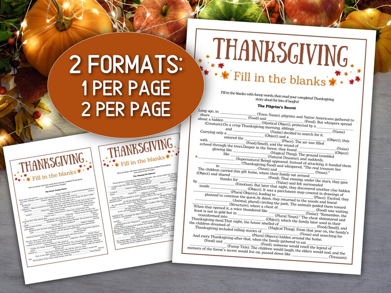 Thanksgiving Fill in the Blanks Printable Games, Mad Libs Story Quick ...