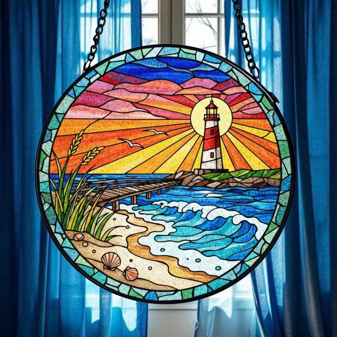 Atlantic Coast Beach Stained Glass Window Hanging, Ocean Waves ...