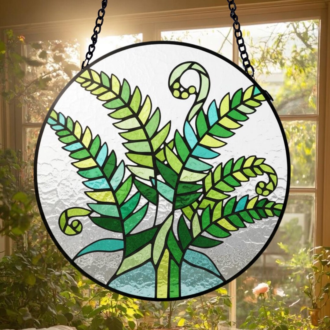 Fern Stained Glass Suncatcher, Green Leaf Window Hanging Art, Botanical ...