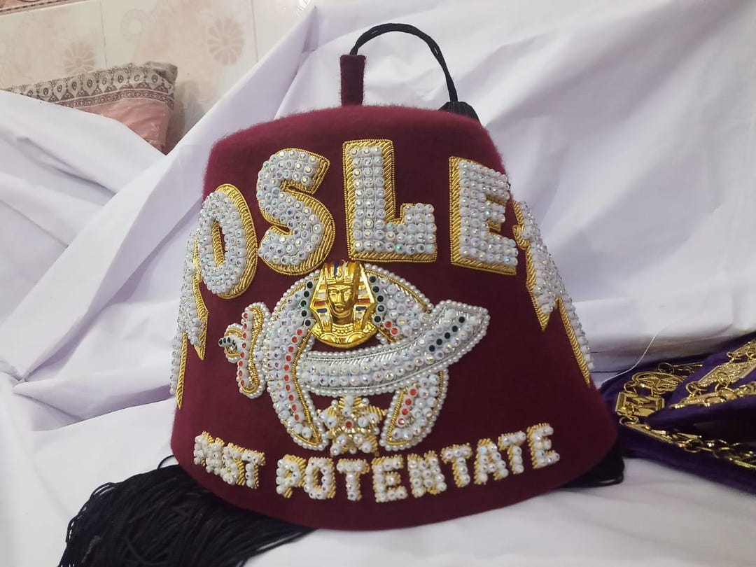 Custom Shriner Fez Hat With Rhinestone Embroidery, Bullion Underlay ...
