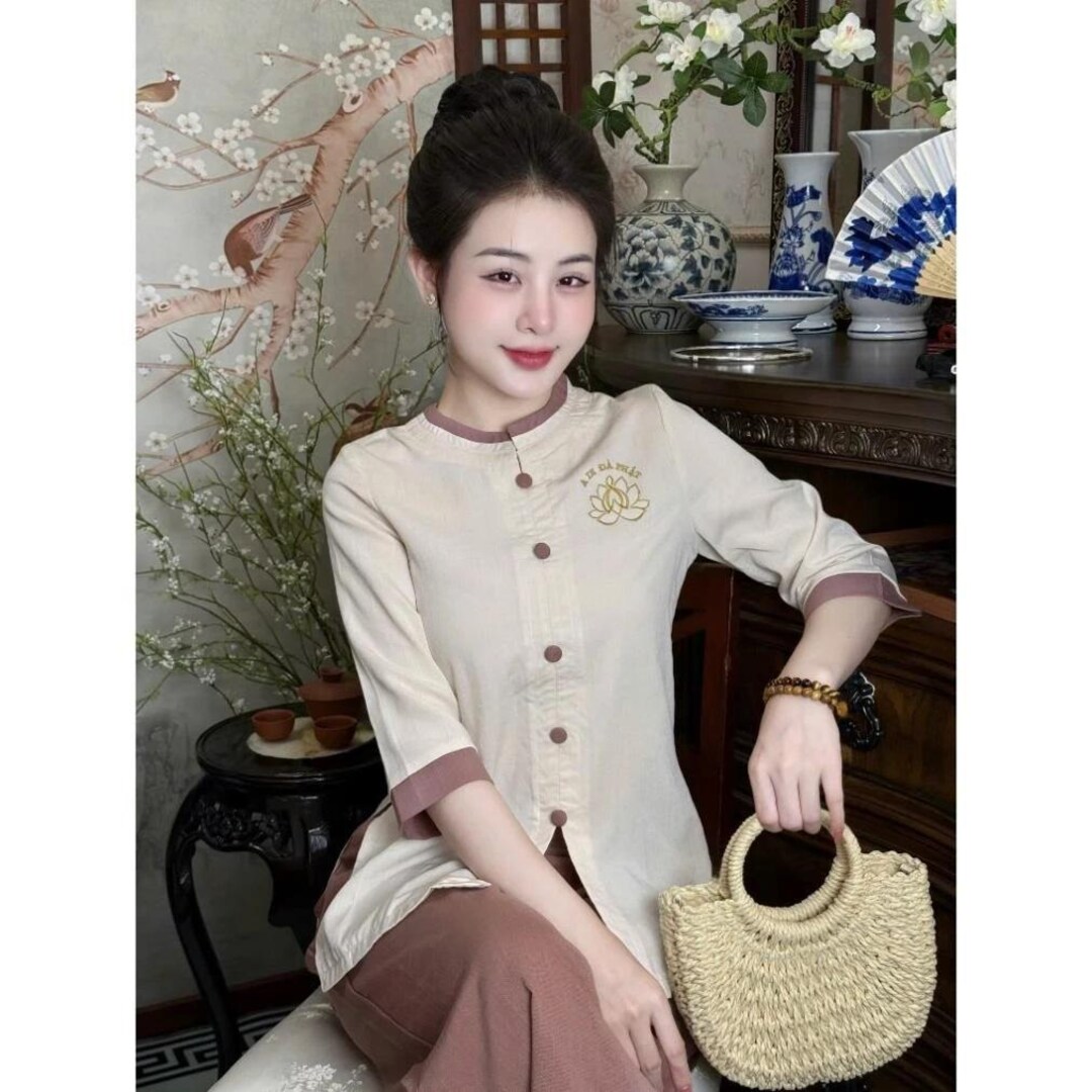 Pre-made Ao Dai Viet Nam, Women’s Temple Outfit Set, Plain Cotton ...
