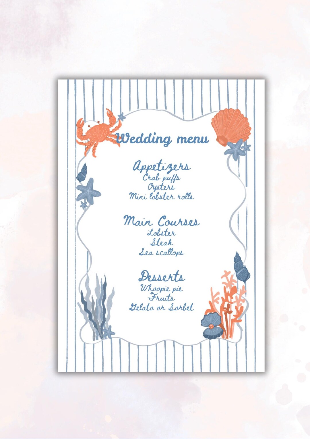 Nautical Menu Template: Crab, Seashells, Coastal Wedding (digital ...