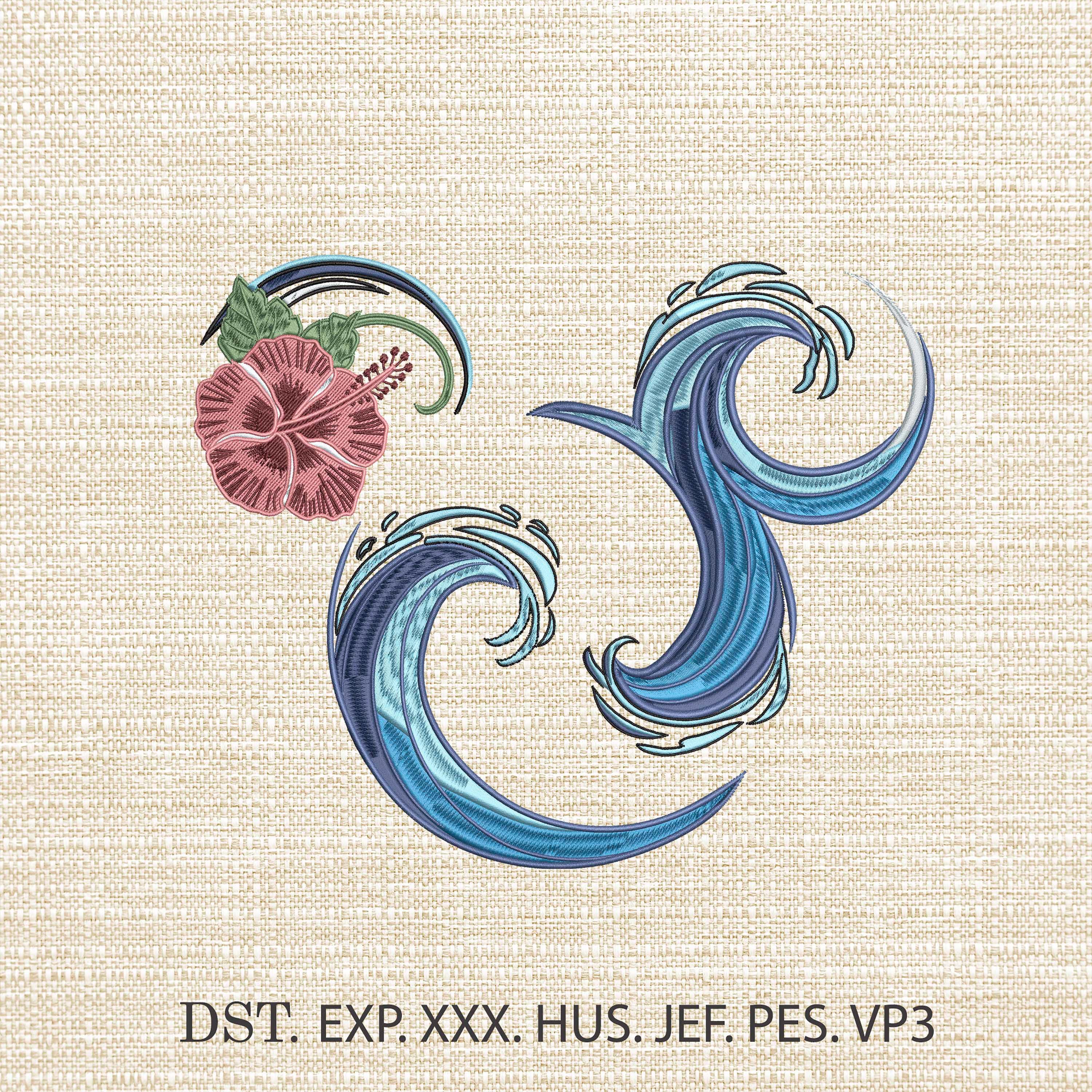 Hibiscus Wave Head Embroidery, Tropical Ocean Applique Design ...