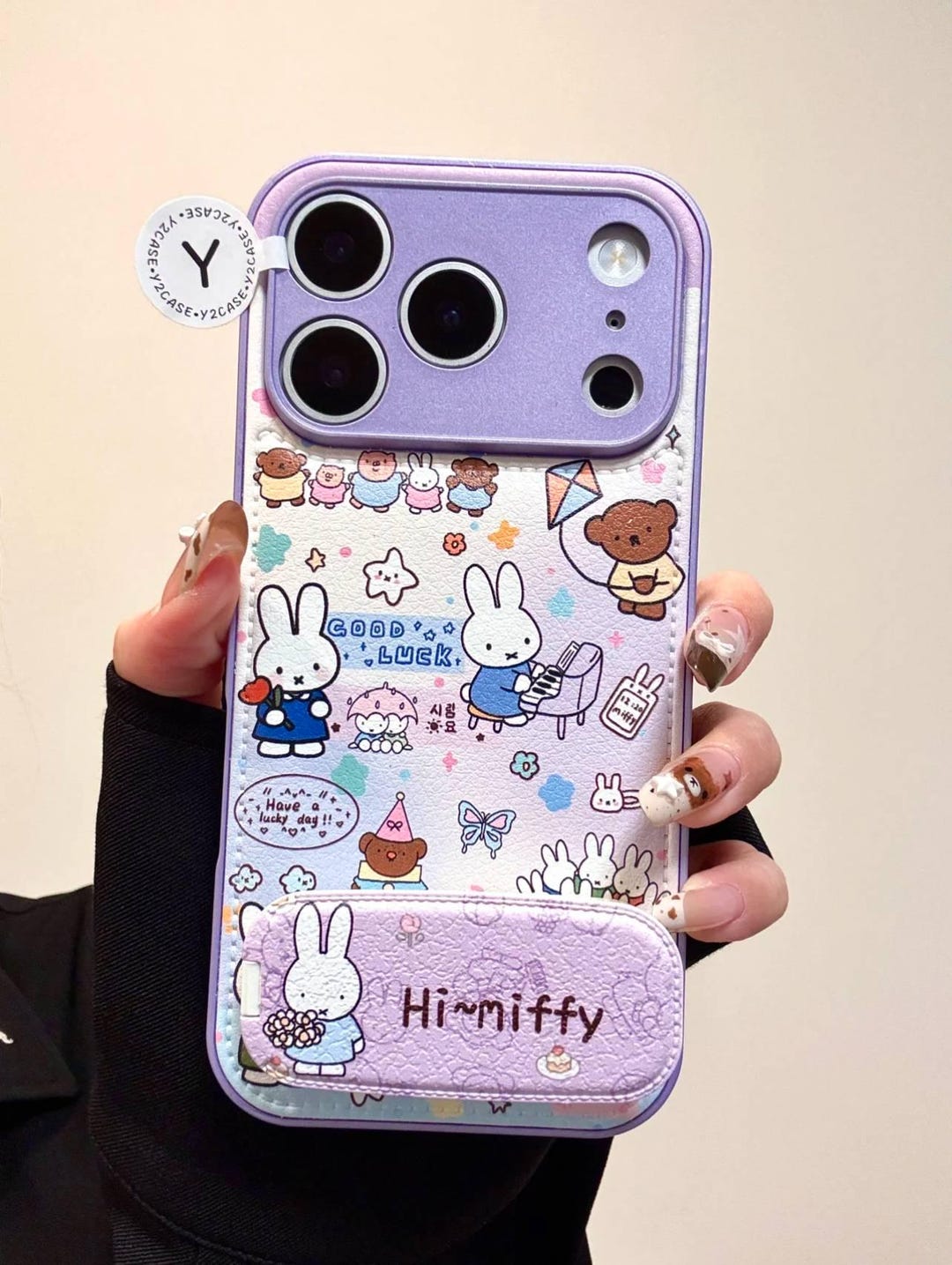 Purple Miffy Mirror Case W/ Stand Charm, Cute Faux Leather Cover iPhone ...
