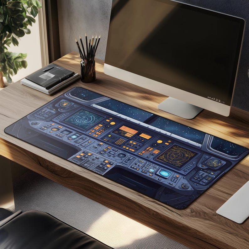 Desk Mat With Starship Control Panel | Cozy Gaming Mouse Pad | Blue ...
