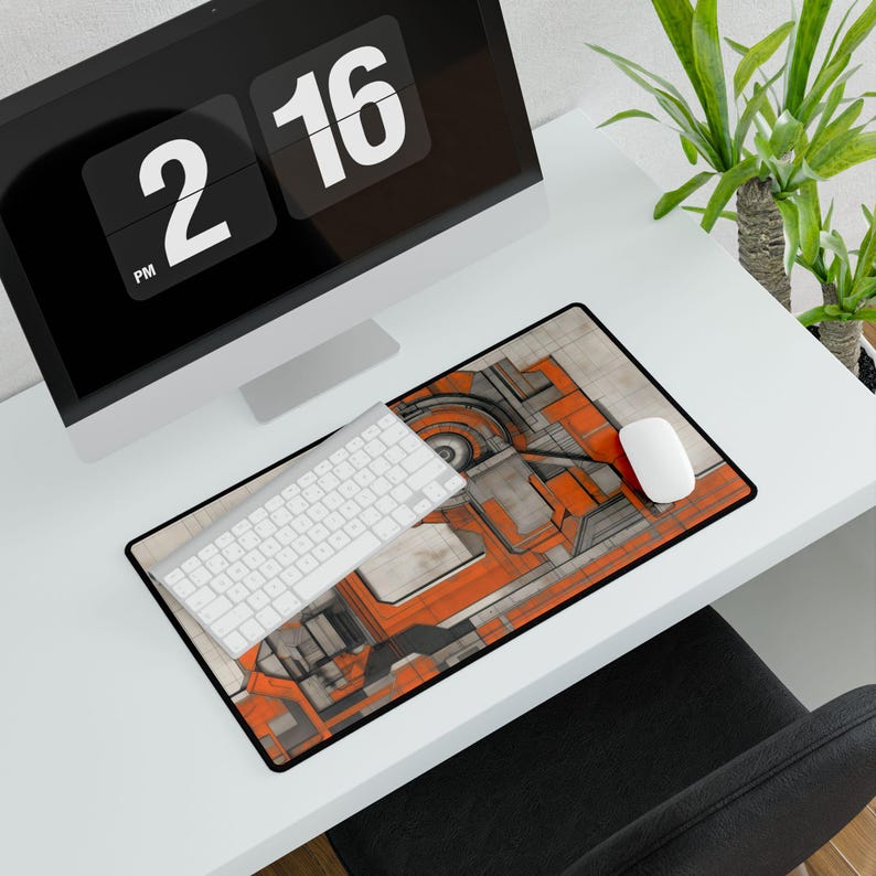 Retrofuturistic Spacecraft Desk Mat | Orange & Grey Tile Design ...