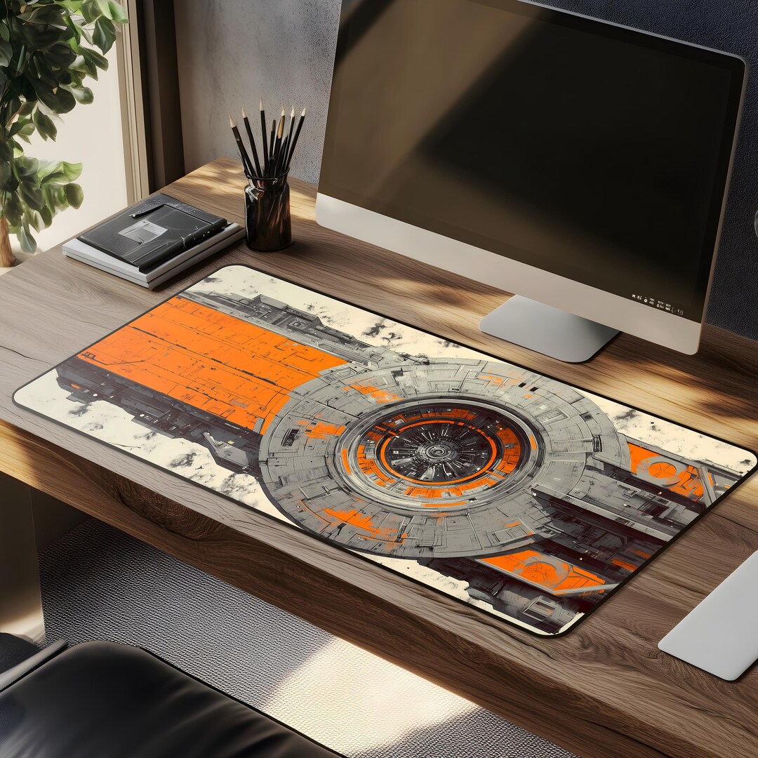 Sci-fi Spaceship Blueprint Desk Mat | Orange & Grey Tile Design ...