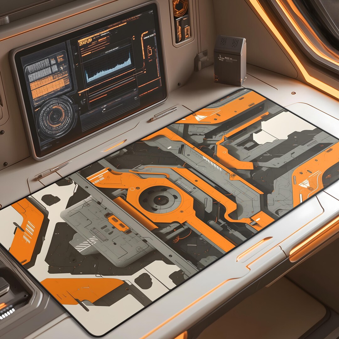 Spaceship Tile Desk Mat | Orange & Grey Sci-fi Blueprint | Cozy ...