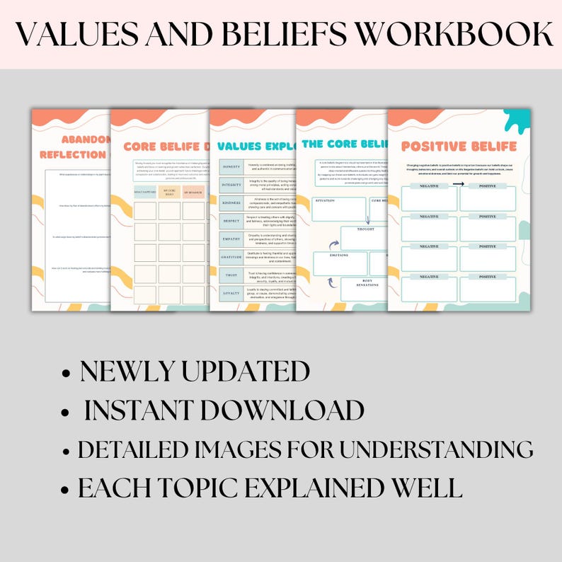 Core Values and Beliefs Worksheets, Automatic Thoughts. CBT Therapy ...