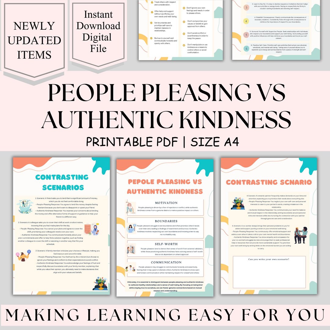 People Pleasing Vs Authentic Kindness Workbook. Self Help Worksheets ...