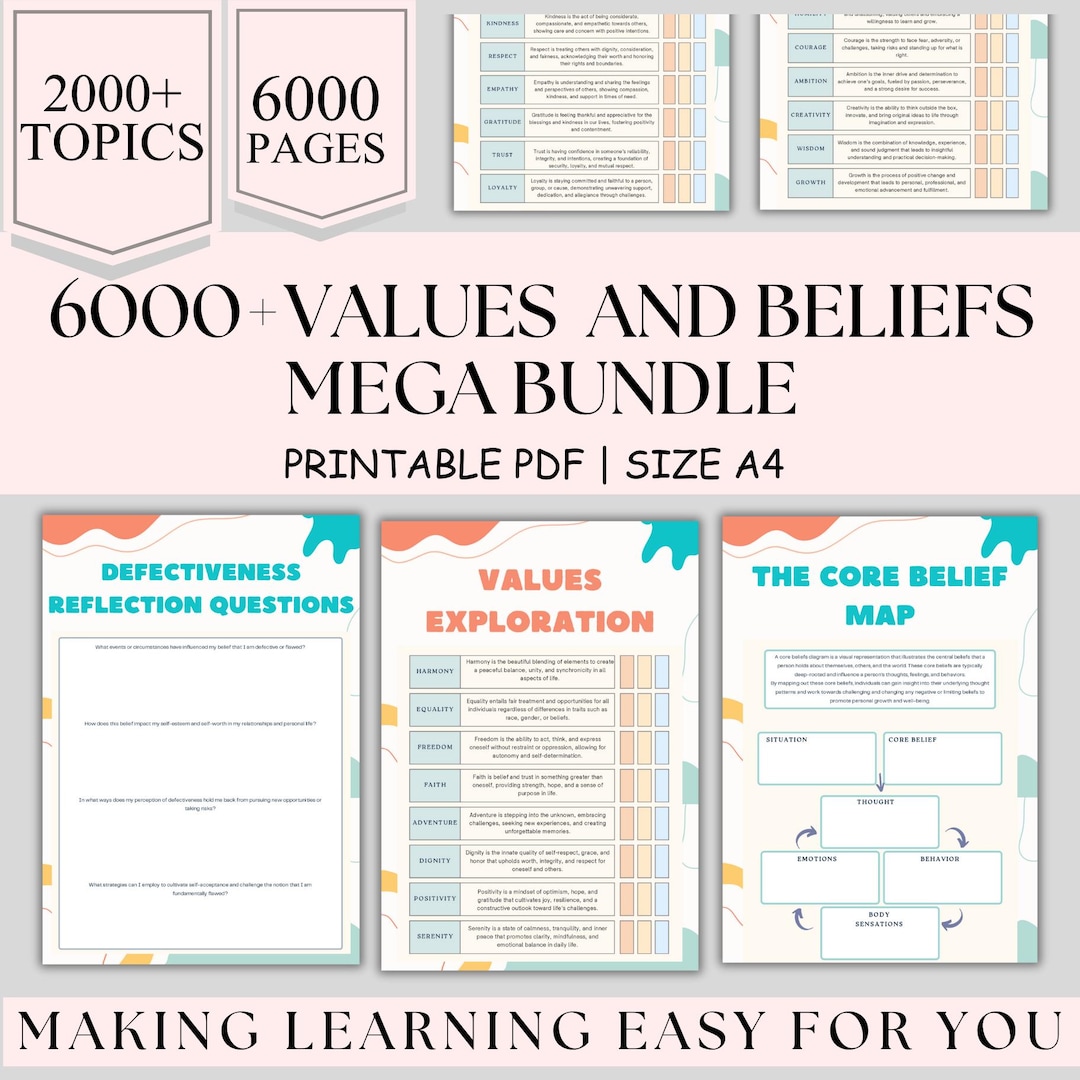 Core Values and Beliefs Worksheets, Automatic Thoughts. CBT Therapy ...