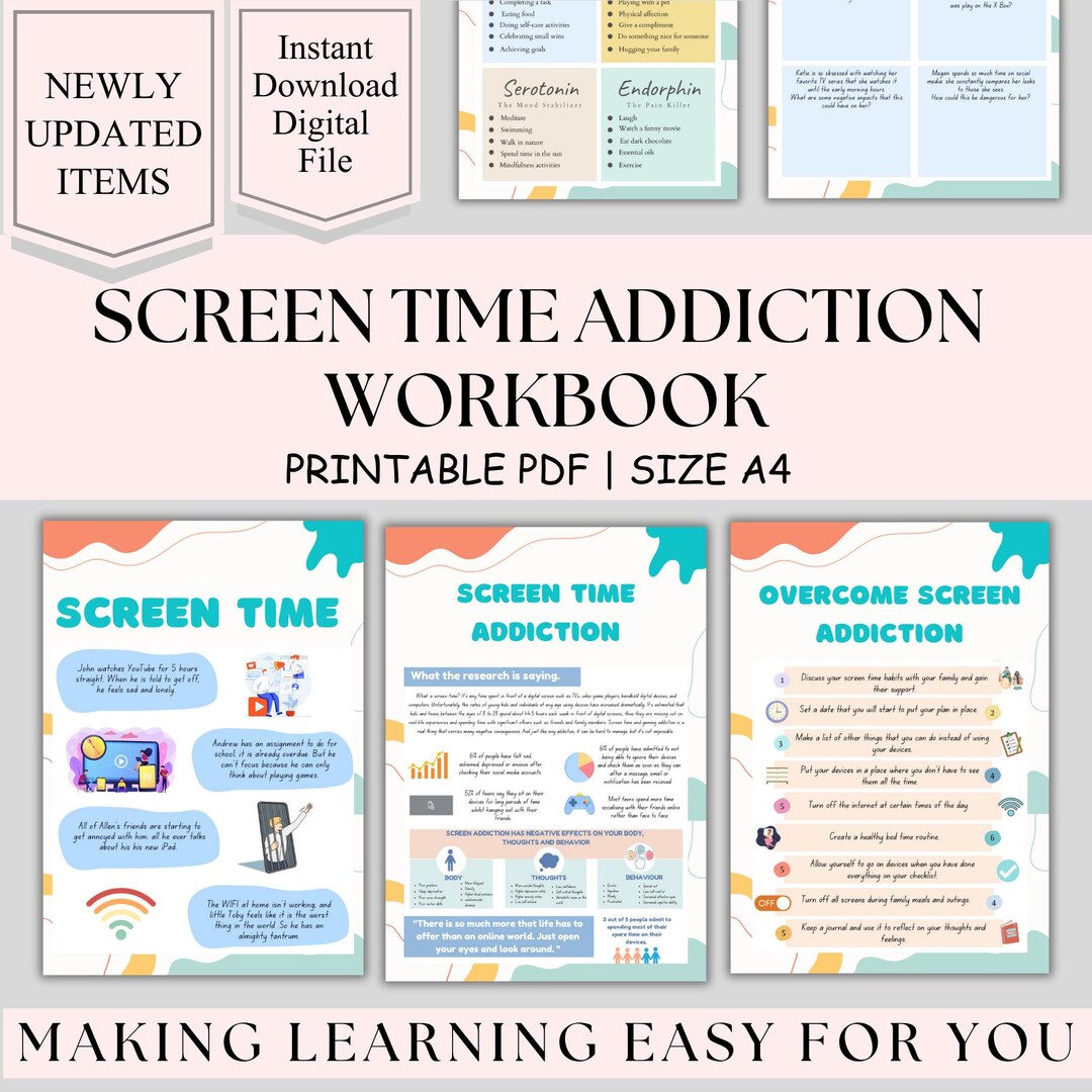 Screen Time Addiction Worksheets, Kids Therapy, Child Therapist ...