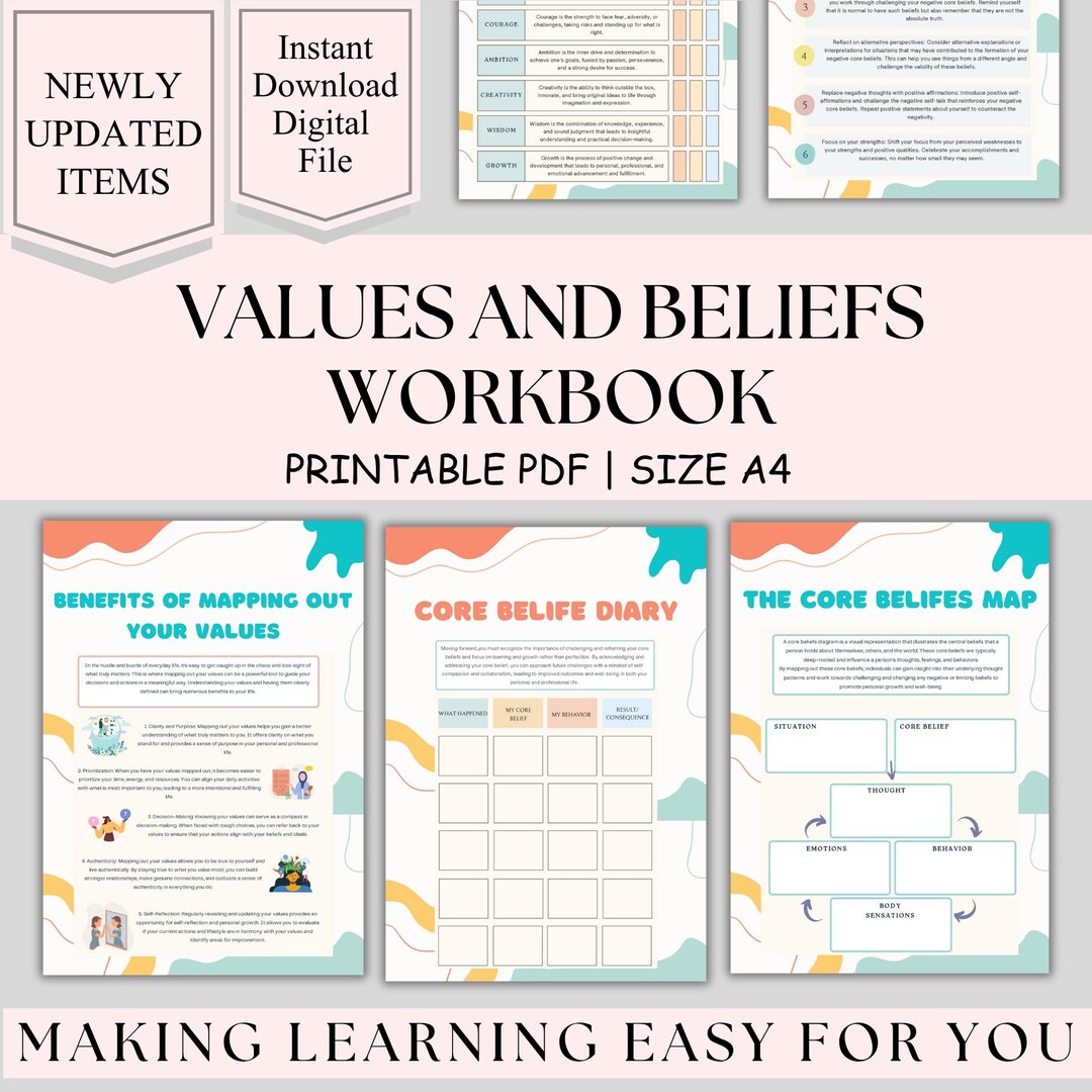Core Values and Beliefs Worksheets, Automatic Thoughts. CBT Therapy ...