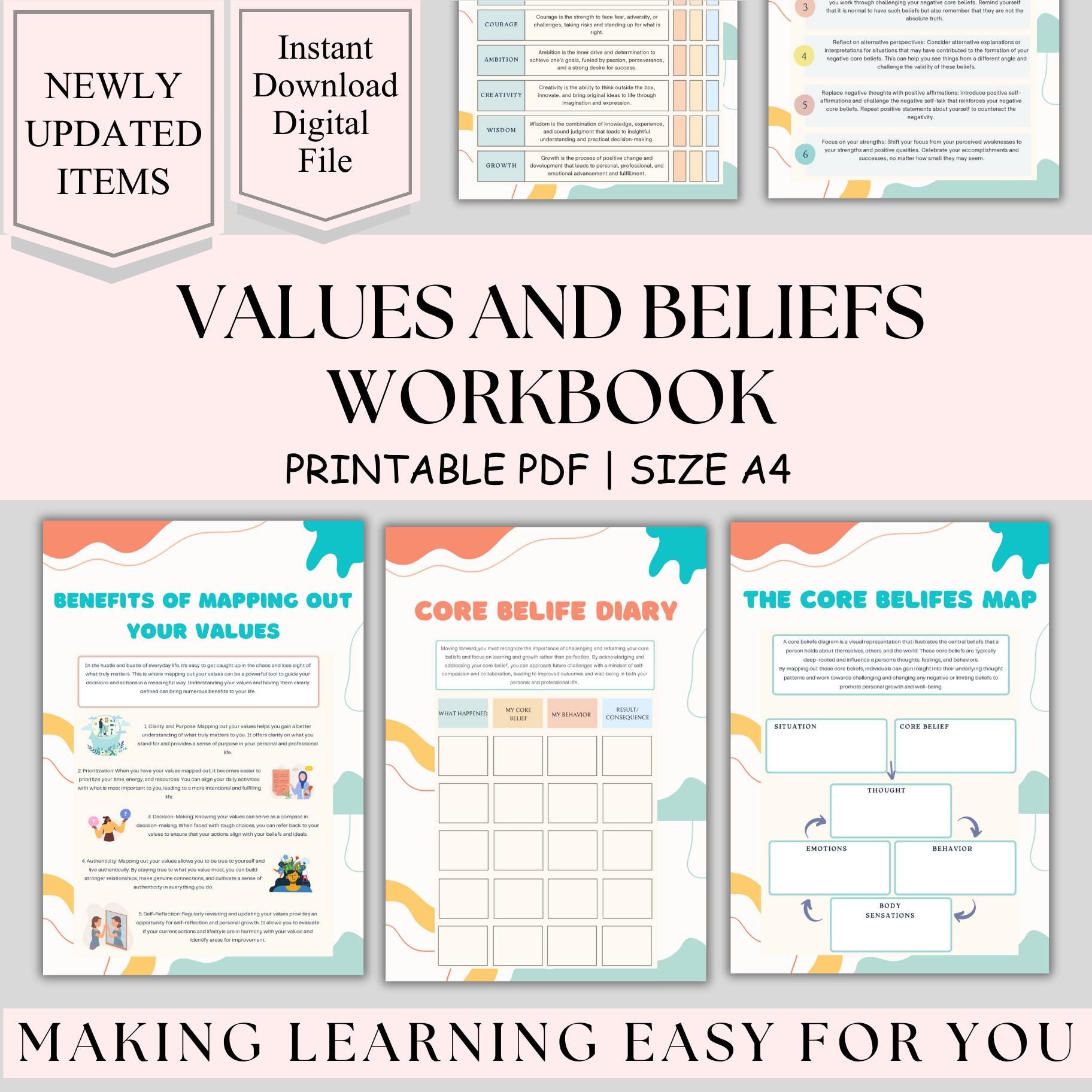Core Values and Beliefs Worksheets, Automatic Thoughts. CBT Therapy ...